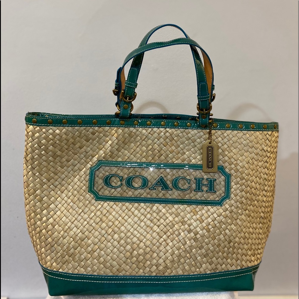 Coach Straw Tote With Patent Leather Accents - Gem